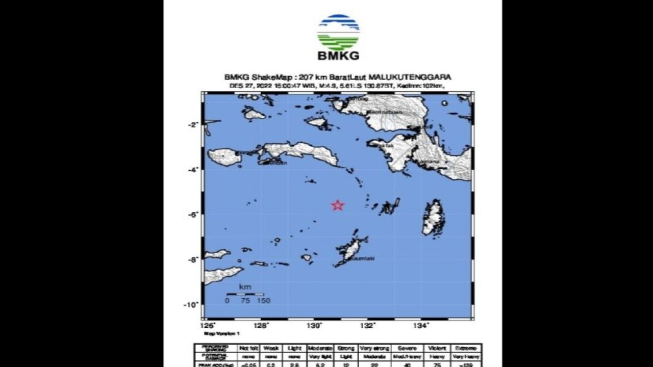 Peta guncangan gempa bumi di wilayah Laut Banda, Maluku Tengah, Maluku, Selasa (27/12/2022 ...