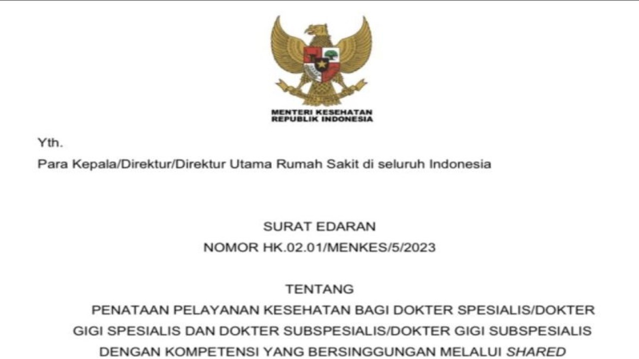 Tangkapan layar - Surat Edaran Nomor HK.02.01/MENKES/5/2023 tentang Penataan Pelayanan Kesehatan ...