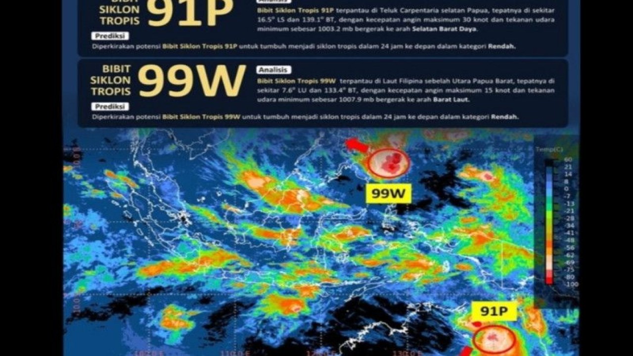 Tangkapan layar citra satelit yang dipublikasikan BMKG menunjukkan Bibit Siklon Tropis 91P dan ...