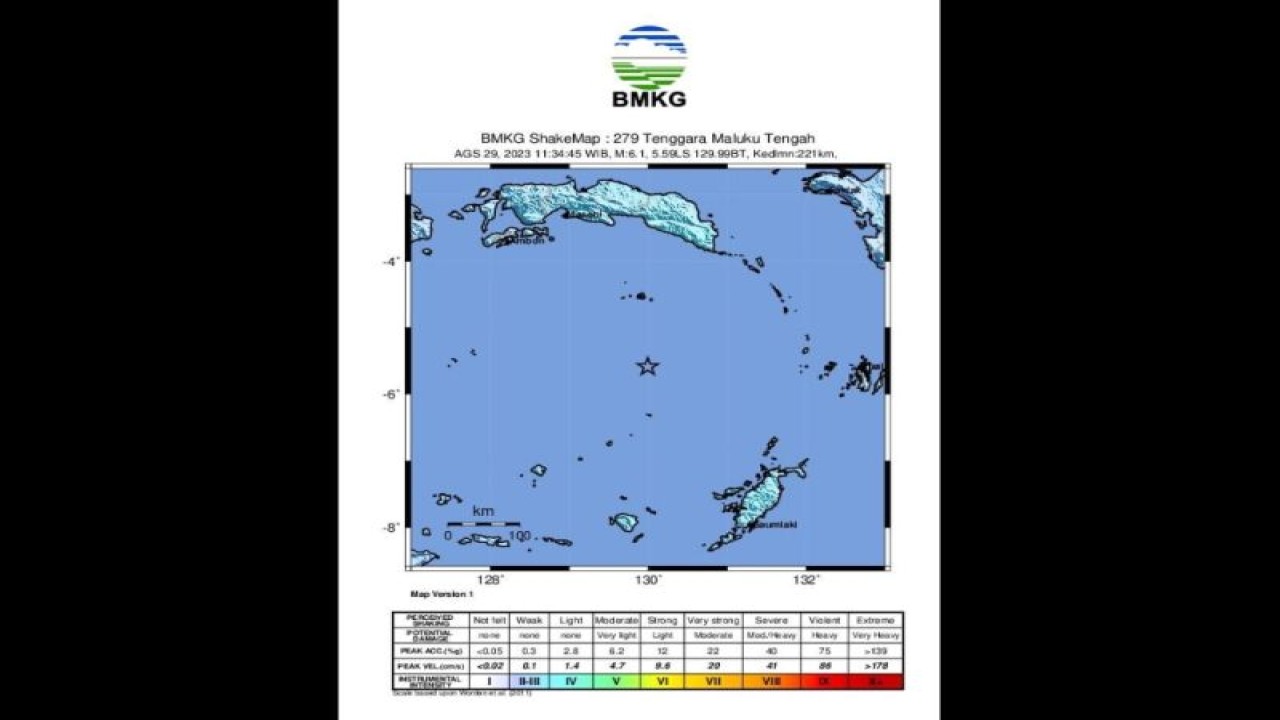 Tangkapan layar - Peta pusat gempa magnitudo 6,1 di wilayah di Laut Banda, Maluku Tengah, Maluku ...